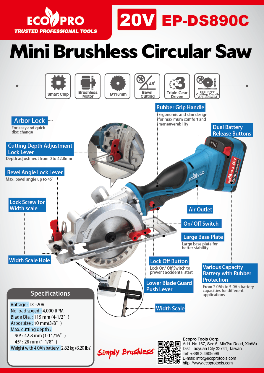 Brushless Power Tools / ECOPRO - 20V Mini Brushless Circular Saw (115mm / 4-1/2’’ )